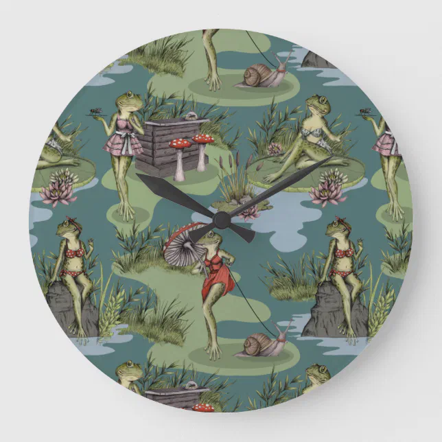 Vintage Pin-Up Girl Frogs Large Clock | Zazzle