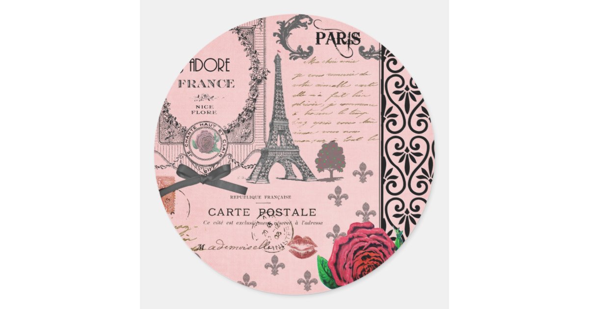 Vintage Pink Paris Collage Classic Round Sticker | Zazzle