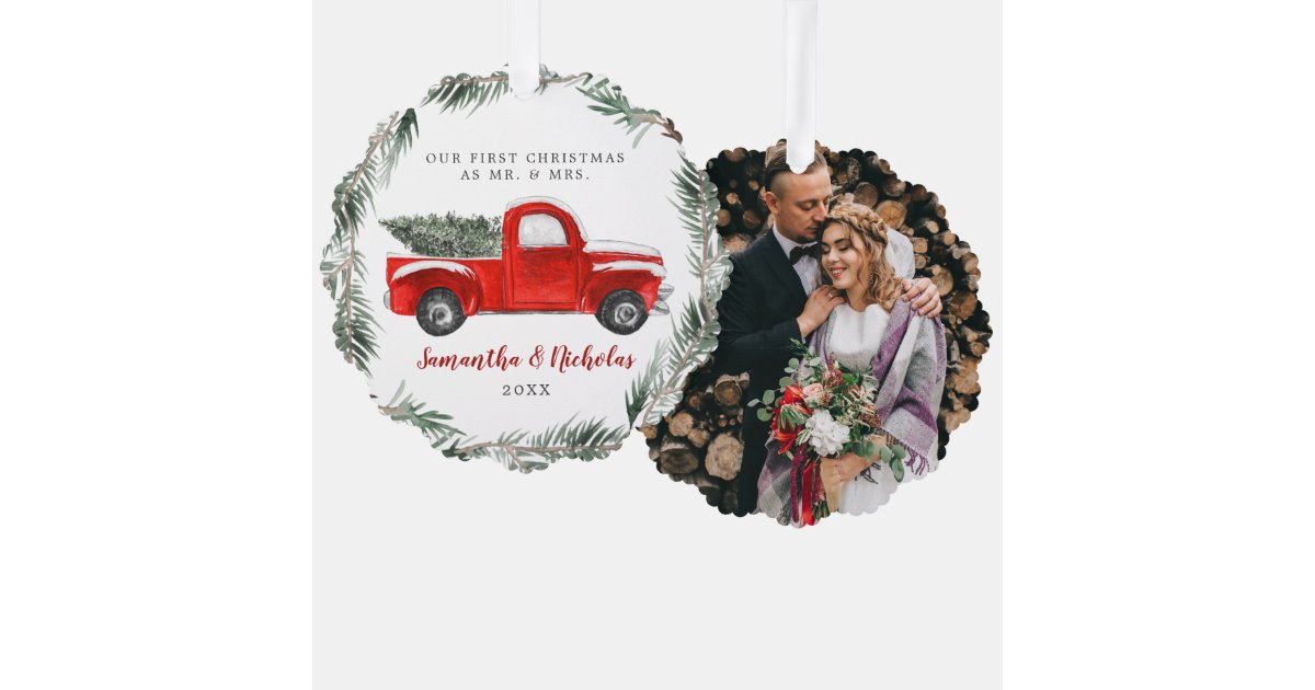 Vintage Red Farm Truck | First Christmas Mr. & Mrs Tree Decoration Card ...
