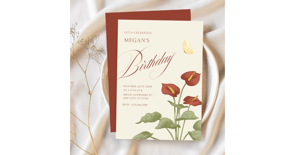 Vintage red floral botanical birthday invitation | Zazzle