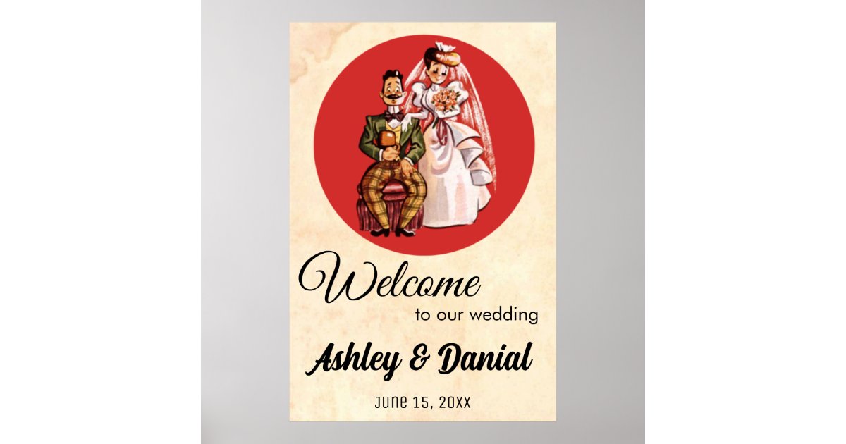 Vintage Retro Bride Groom 50s Old Rustic Wedding Poster | Zazzle