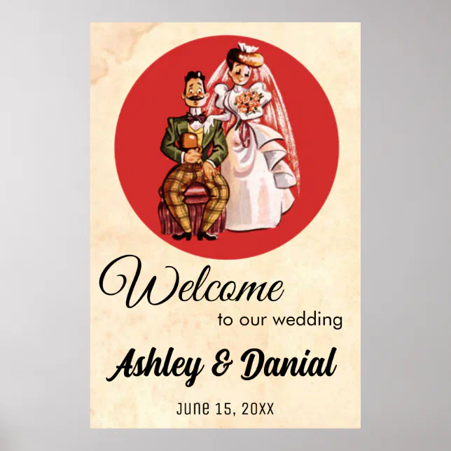 Vintage Retro Bride Groom 50s Old Rustic Wedding Poster | Zazzle