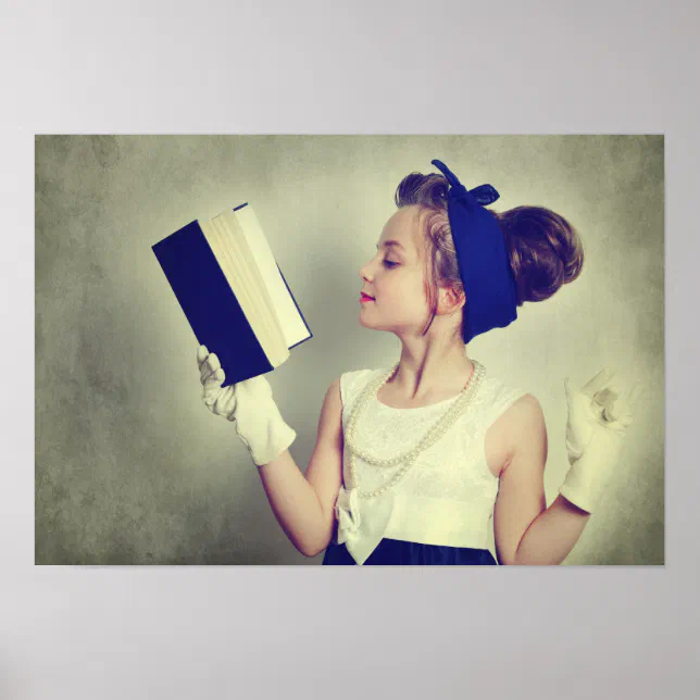 Vintage retro girl reading book poster | Zazzle
