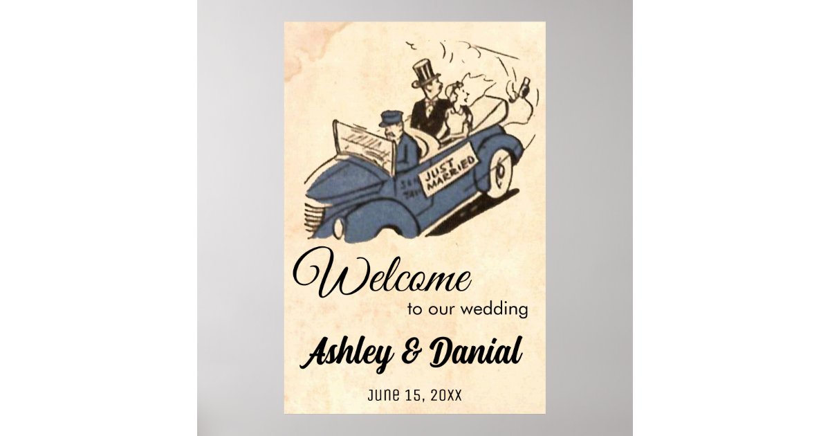 Vintage Retro Just Married Couple Rustic Wedding Poster | Zazzle