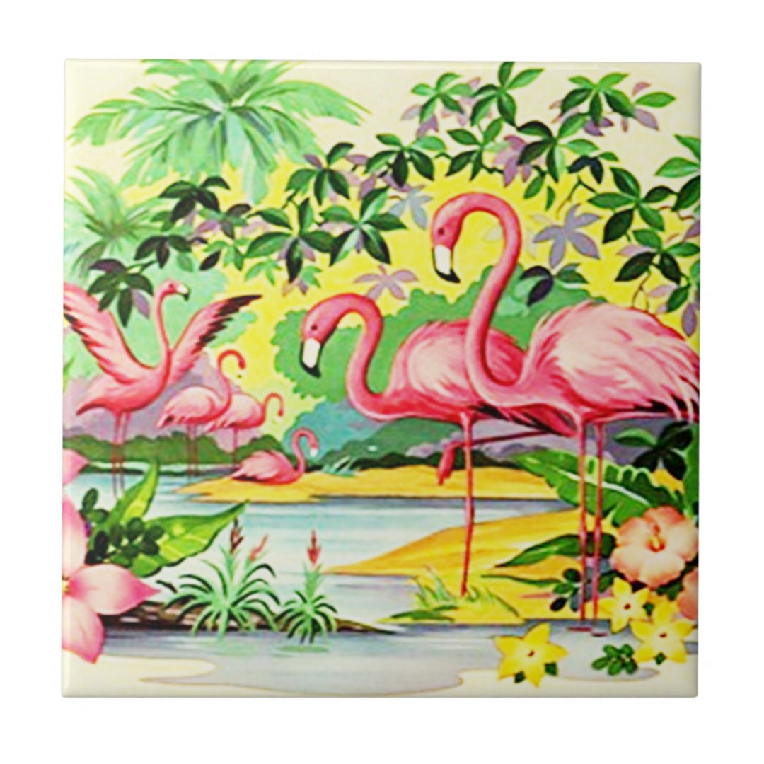 Vintage Retro Pink Flamingo Birds Flocking Tile | Zazzle