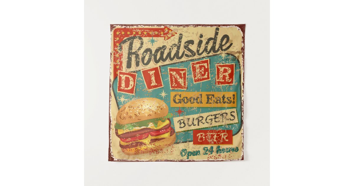 Vintage Roadside Diner metal sign. diner, retro, v Tapestry | Zazzle