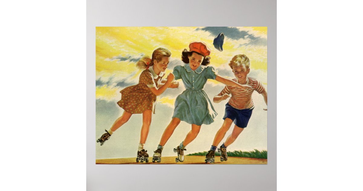Vintage Roller Skating Fun Children Boys and Girls Poster | Zazzle