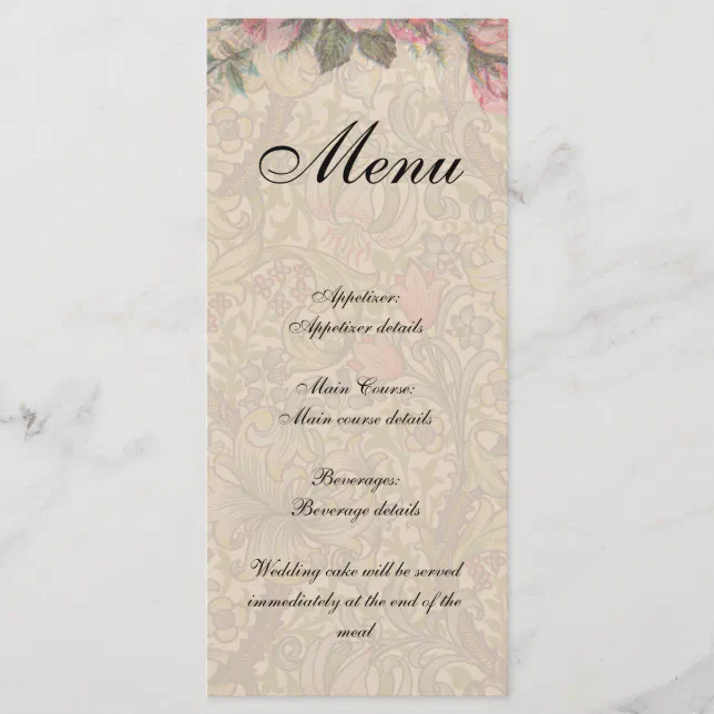 Vintage Romance Couple Antique Roses Wedding Menu | Zazzle