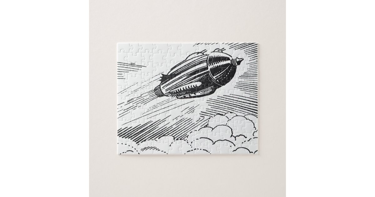 Vintage Science Fiction Spaceship Rocket in Clouds Jigsaw Puzzle | Zazzle