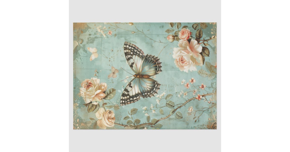 Vintage shabby chic butterfly & roses tissue paper | Zazzle