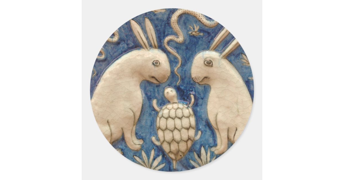 Vintage Spanish Tile Animal Rabbit Tortoise Blue Classic Round Sticker ...