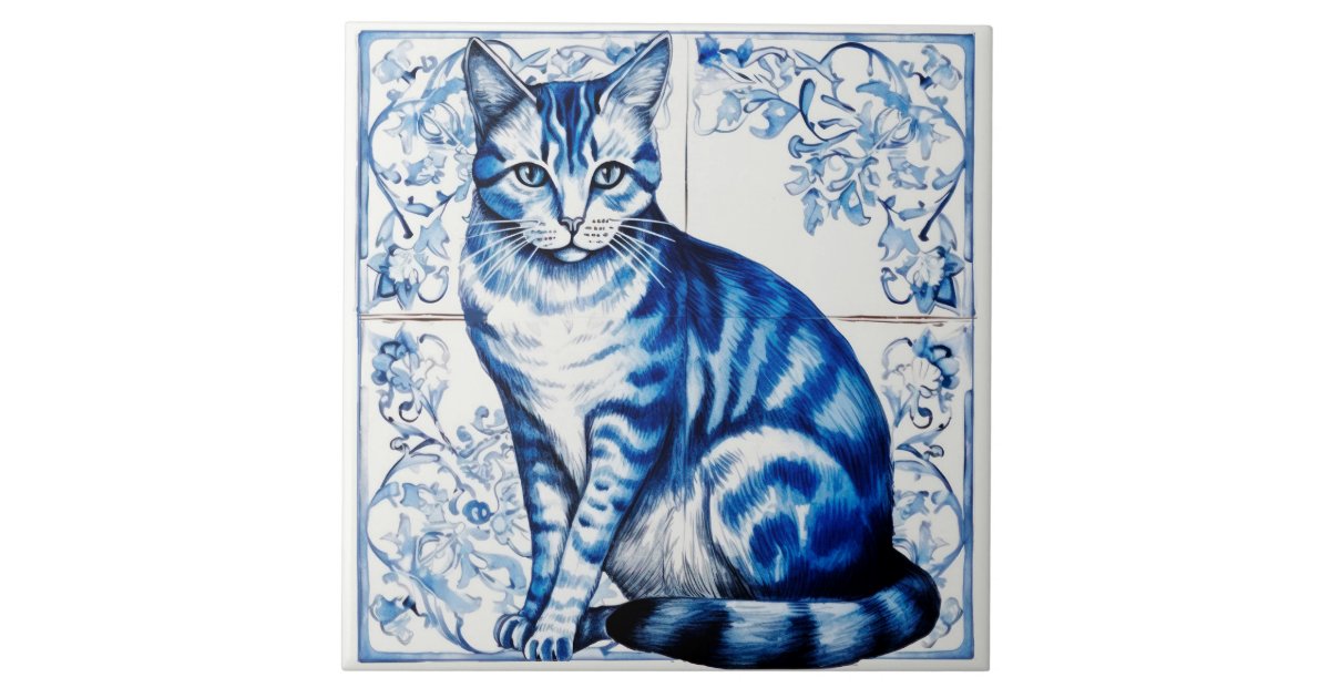 Vintage Style Blue Delft Cat Ceramic Tile. Tile | Zazzle