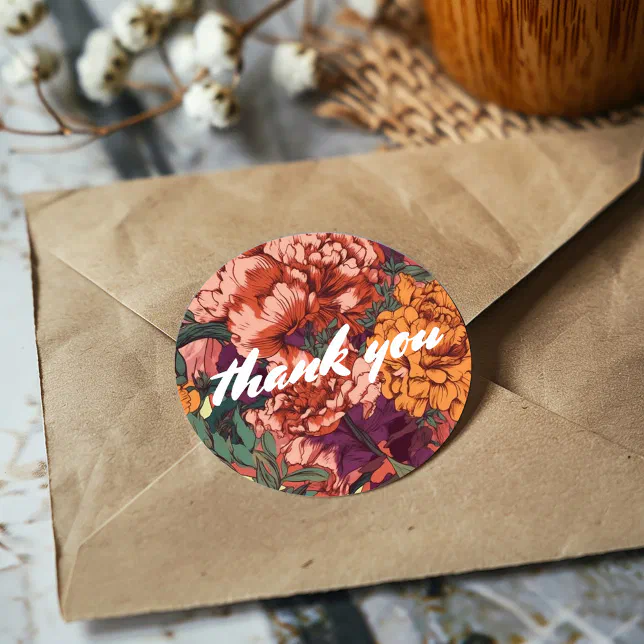 Vintage style floral thank you classic round sticker | Zazzle