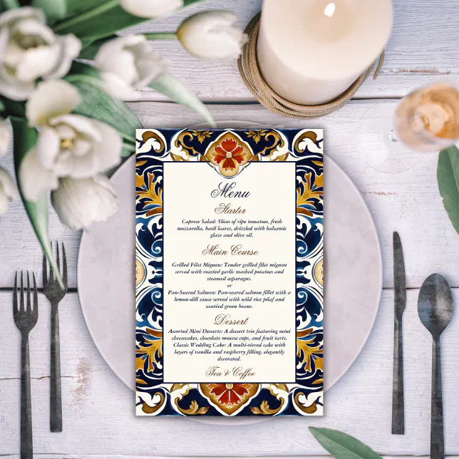 Vintage Talavera Azulejo Mexican wedding menu | Zazzle