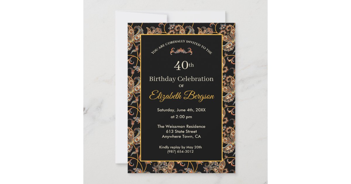 Vintage Tapestry Design on Black 40th Birthday Invitation | Zazzle