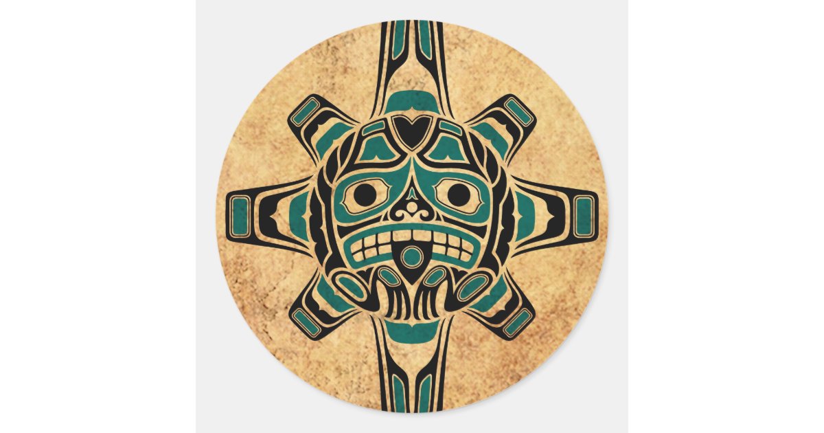 Vintage Teal Blue Haida Sun Mask Classic Round Sticker | Zazzle