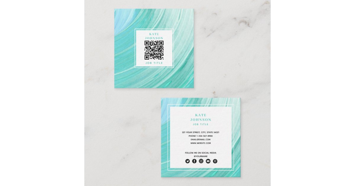 Vintage Teal Painted Abstract QR Code Social Media Square Business Card ...