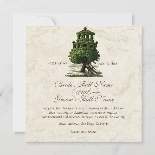 Vintage Tree House Fun Antiqued Parchment Wedding Invitation | Zazzle