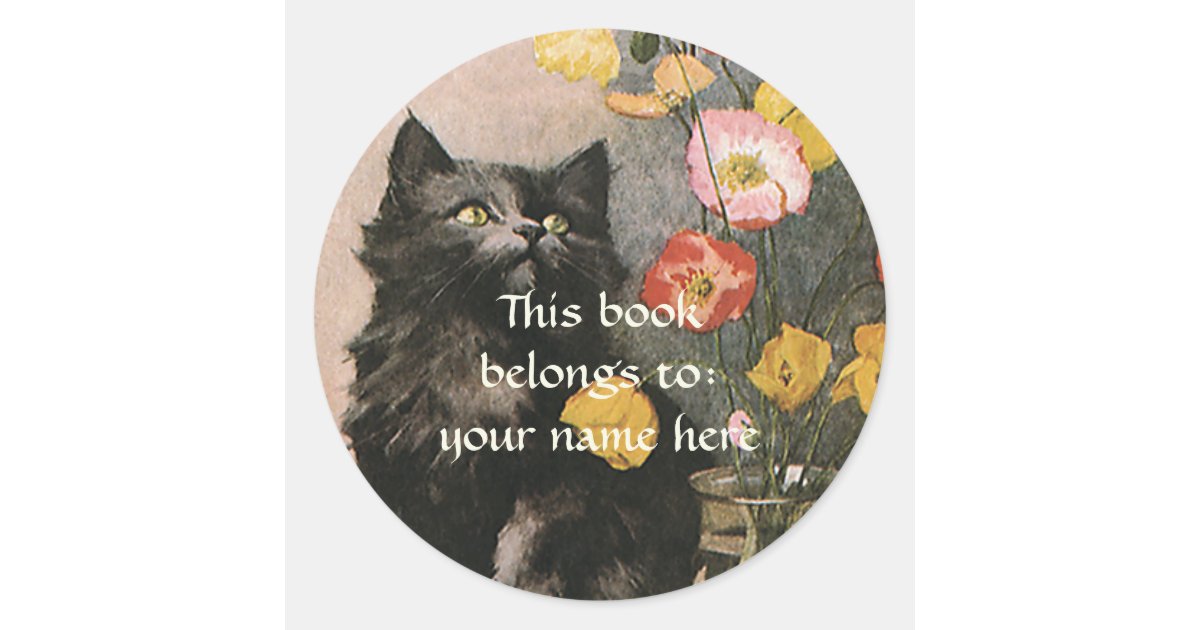 Vintage Victorian Animal Cute Cat Kitten Bookplate Classic Round ...