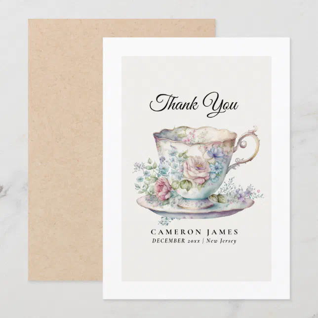 Vintage Victorian Floral Teacup Rose Tea Party Thank You Card | Zazzle
