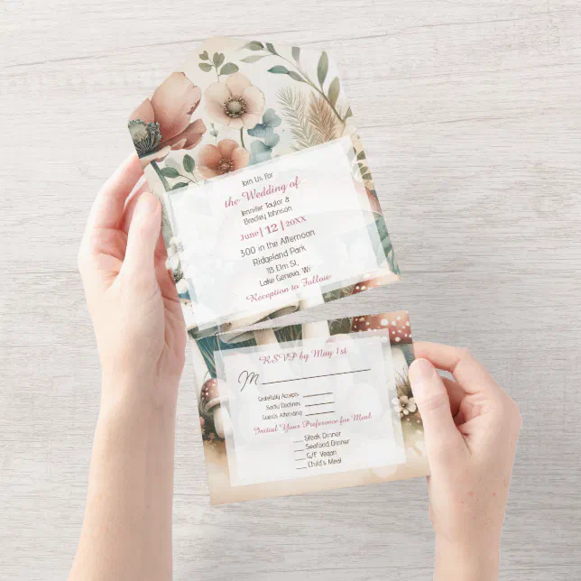 Vintage Watercolor Cottage Core Wedding All In One Invitation | Zazzle