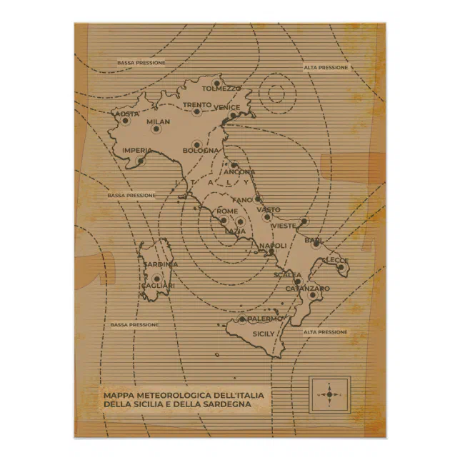 Vintage weather map of Italy, Scilly and Sardinia Poster | Zazzle