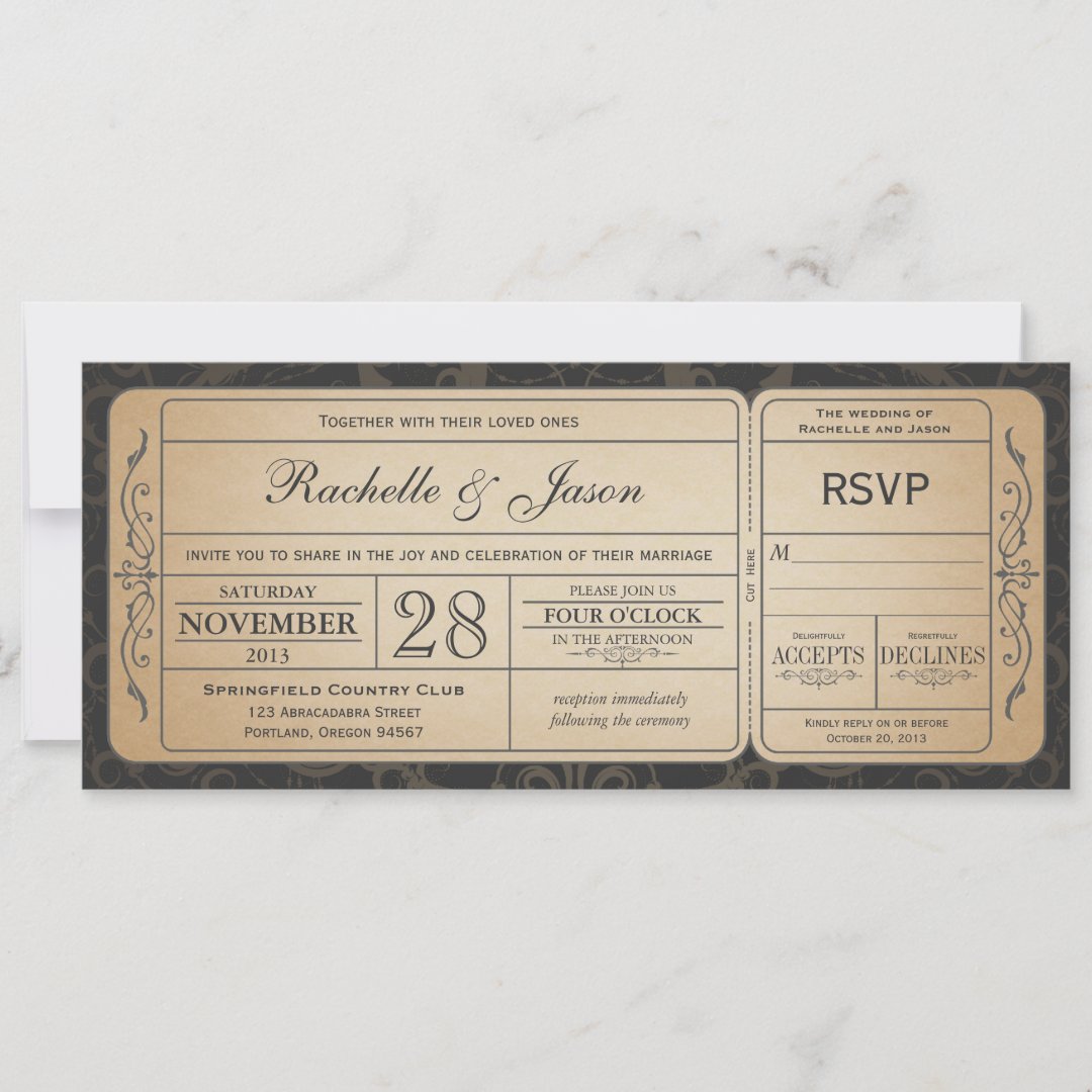Vintage Wedding Ticket Invitation with RSVP 3.0 | Zazzle