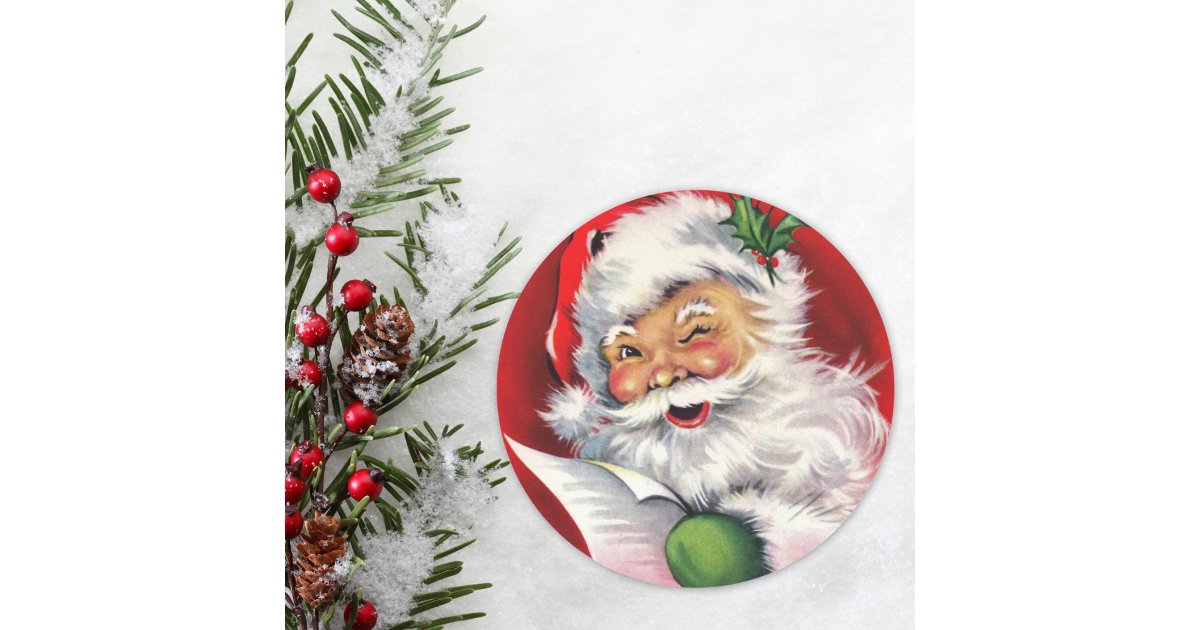 Vintage Winking Santa Checking His List Classic Round Sticker | Zazzle