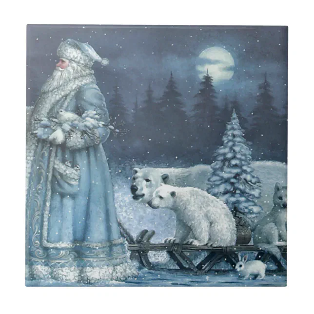 Vintage Winter Santa With Polar Bears Tile | Zazzle