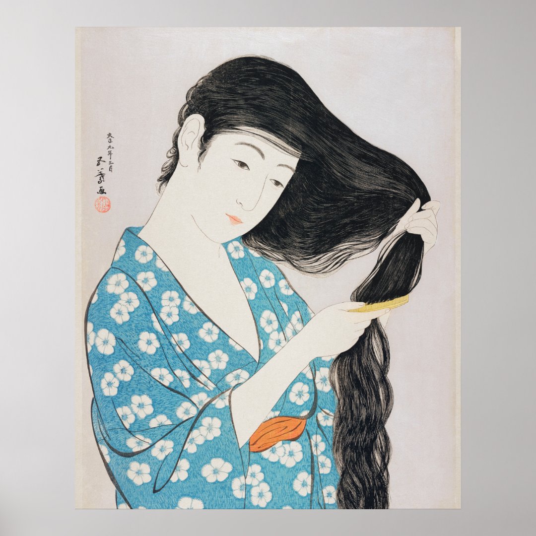 Vintage Woman Combing Her Hair Goyō Hashiguchi Poster | Zazzle