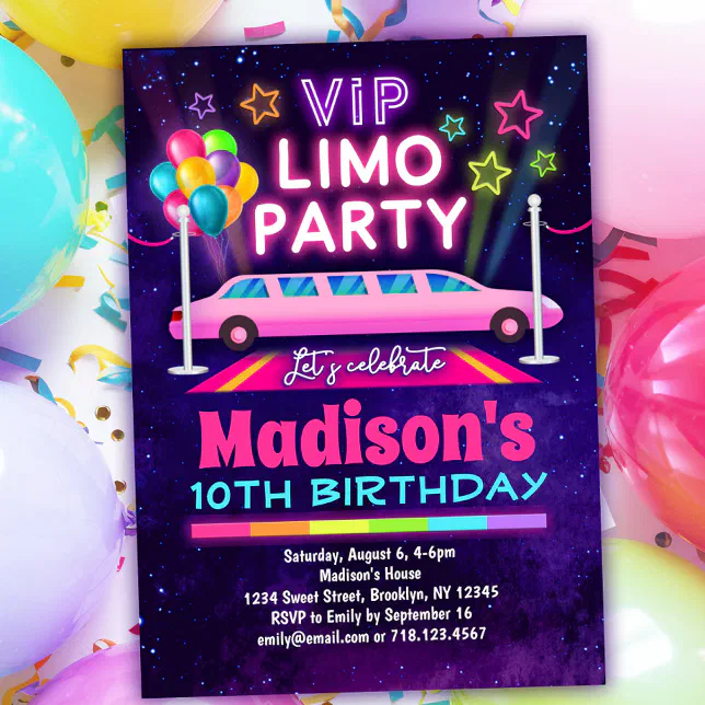 VIP Limo Party Birthday Invitation Rainbow Colours | Zazzle