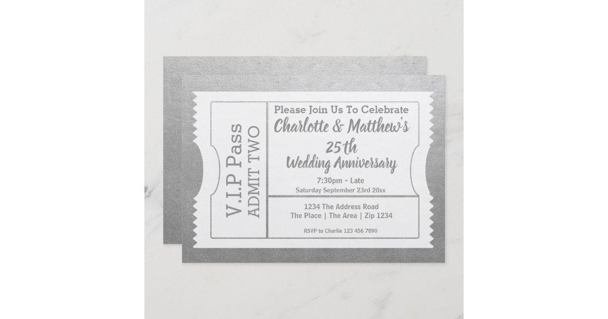 VIP Pass 25th Anniversary Ticket Faux Silver Invitation | Zazzle