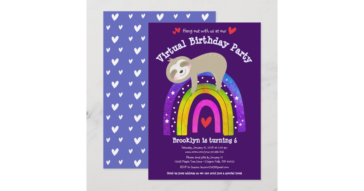 Virtual Birthday Cute Sloth Modern Boho Rainbow Invitation | Zazzle