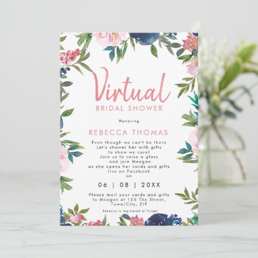 virtual shower by mail pink floral bridal shower invitation | Zazzle