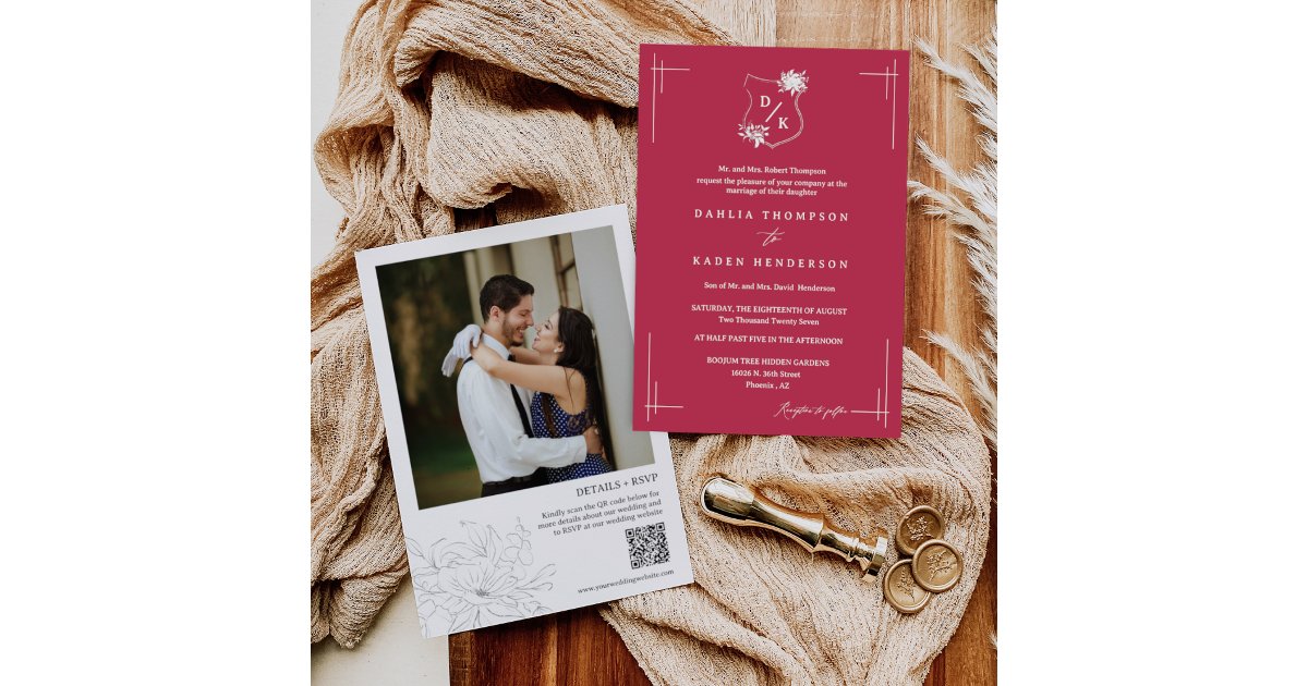 Viva Magenta Floral Wedding Crest QR Code Photo Invitation | Zazzle