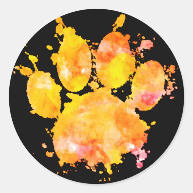 Vivid Watercolor Splash Dog Paw Print Classic Round Sticker | Zazzle