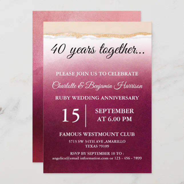 Watercolor 40th Ruby Wedding Anniversary Invitation | Zazzle