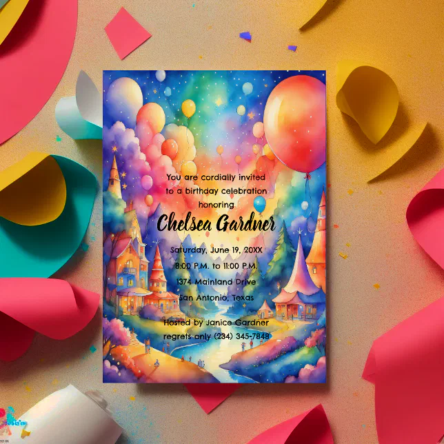 Watercolor Birthday Balloons Fantasy Landscape Invitation | Zazzle