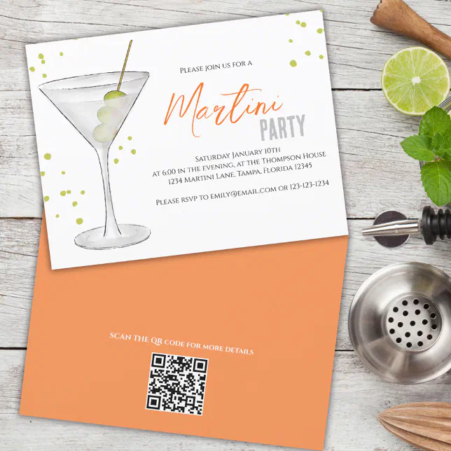 Watercolor Cute Martini Party Whimsical QR Code Invitation | Zazzle