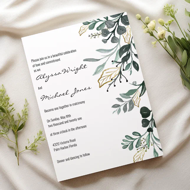Watercolor dark green gold botanic foliage Wedding Invitation | Zazzle