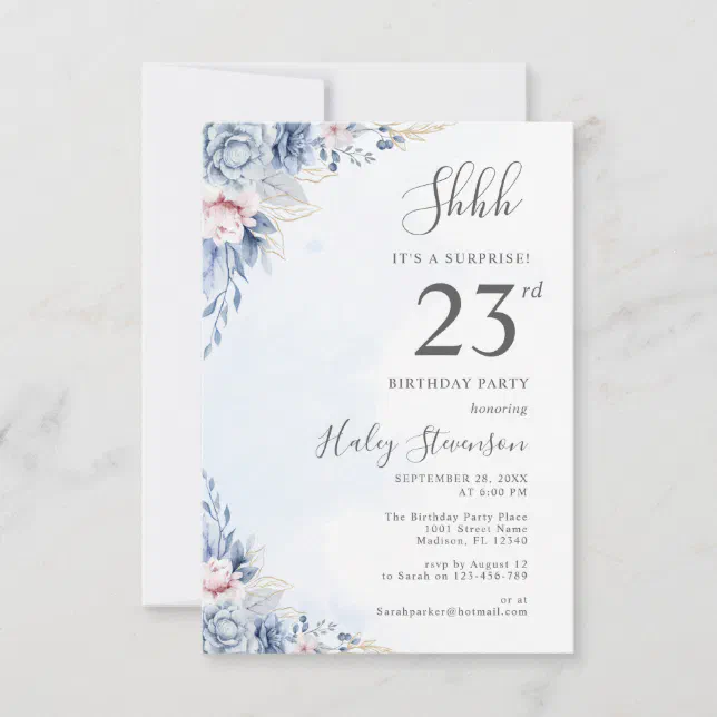 Watercolor Dusty Blue Surprise 23rd Birthday Party Invitation | Zazzle