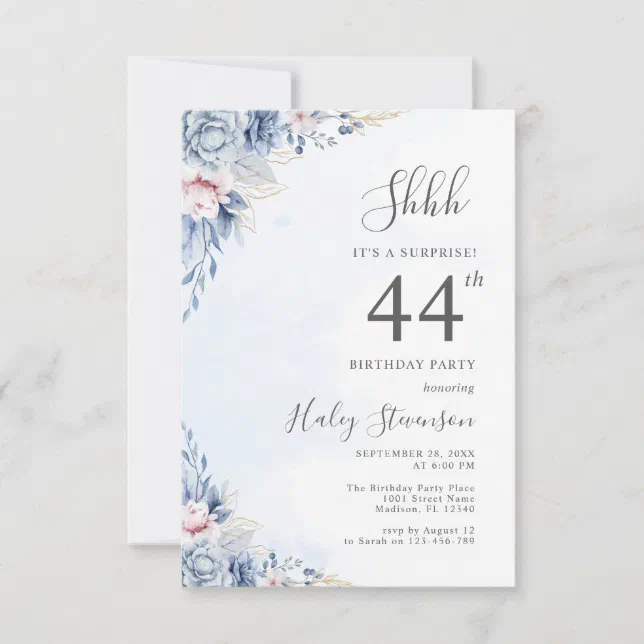 Watercolor Dusty Blue Surprise 44th Birthday Party Invitation | Zazzle