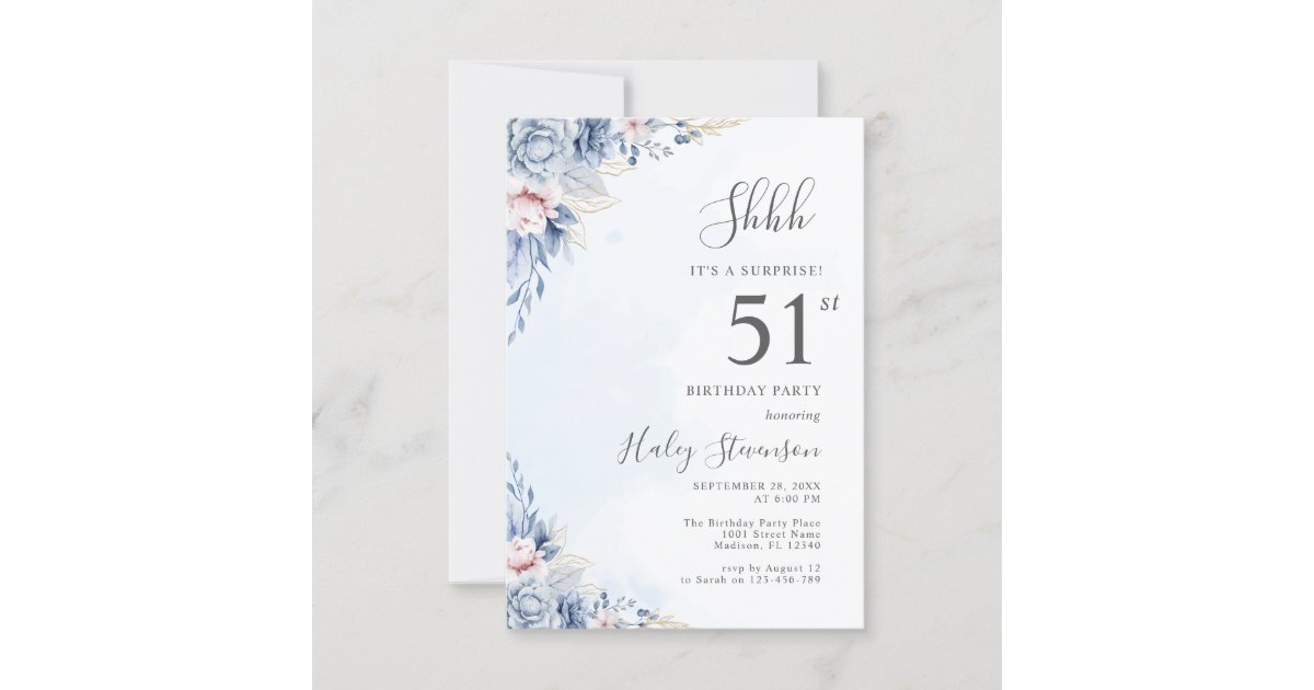 Watercolor Dusty Blue Surprise 51st Birthday Party Invitation | Zazzle
