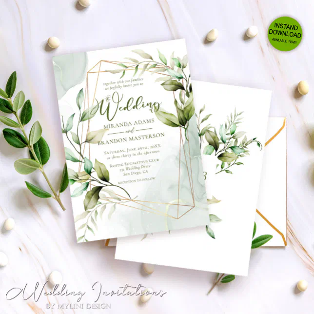 Watercolor Green Eucalyptus Foliage Wedding Invitation | Zazzle