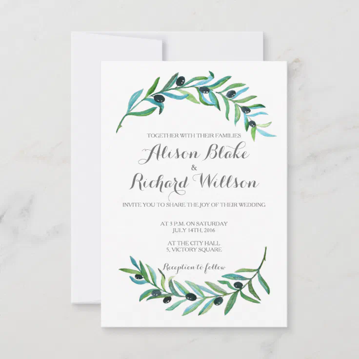 Watercolor olive branch wedding invitation card | Zazzle