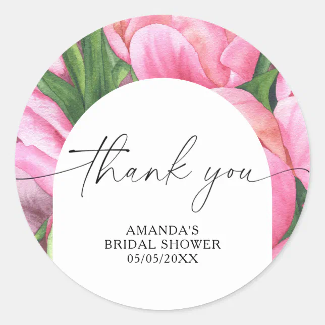 Watercolor peonies - thank you bridal shower classic round sticker | Zazzle