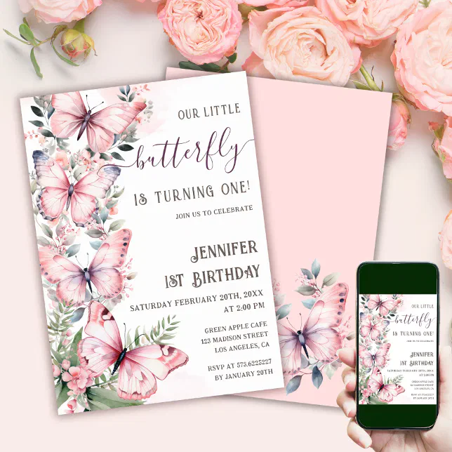 Watercolor Pink Butterflies 1st Birthday Butterfly Invitation | Zazzle