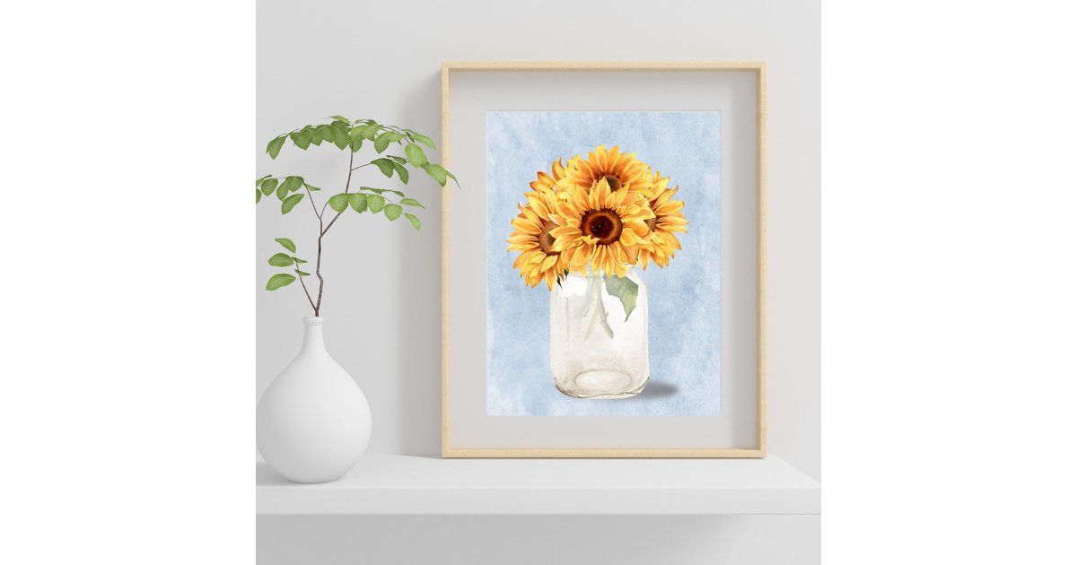 Watercolor Rustic Sunflower Bouquet in Mason Jar Poster | Zazzle