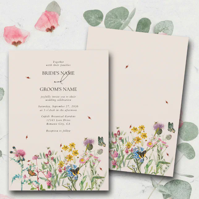 Watercolor Wildflower Garden & Insects Wedding Invitation | Zazzle