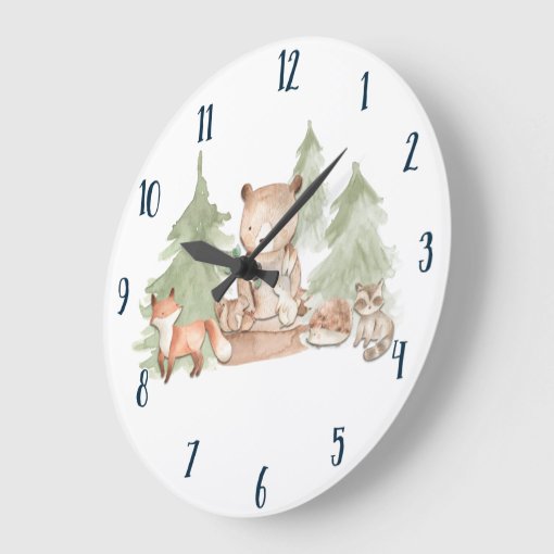 Watercolor Woodland Forest Animals Nursery Bedroom Large Clock | Zazzle